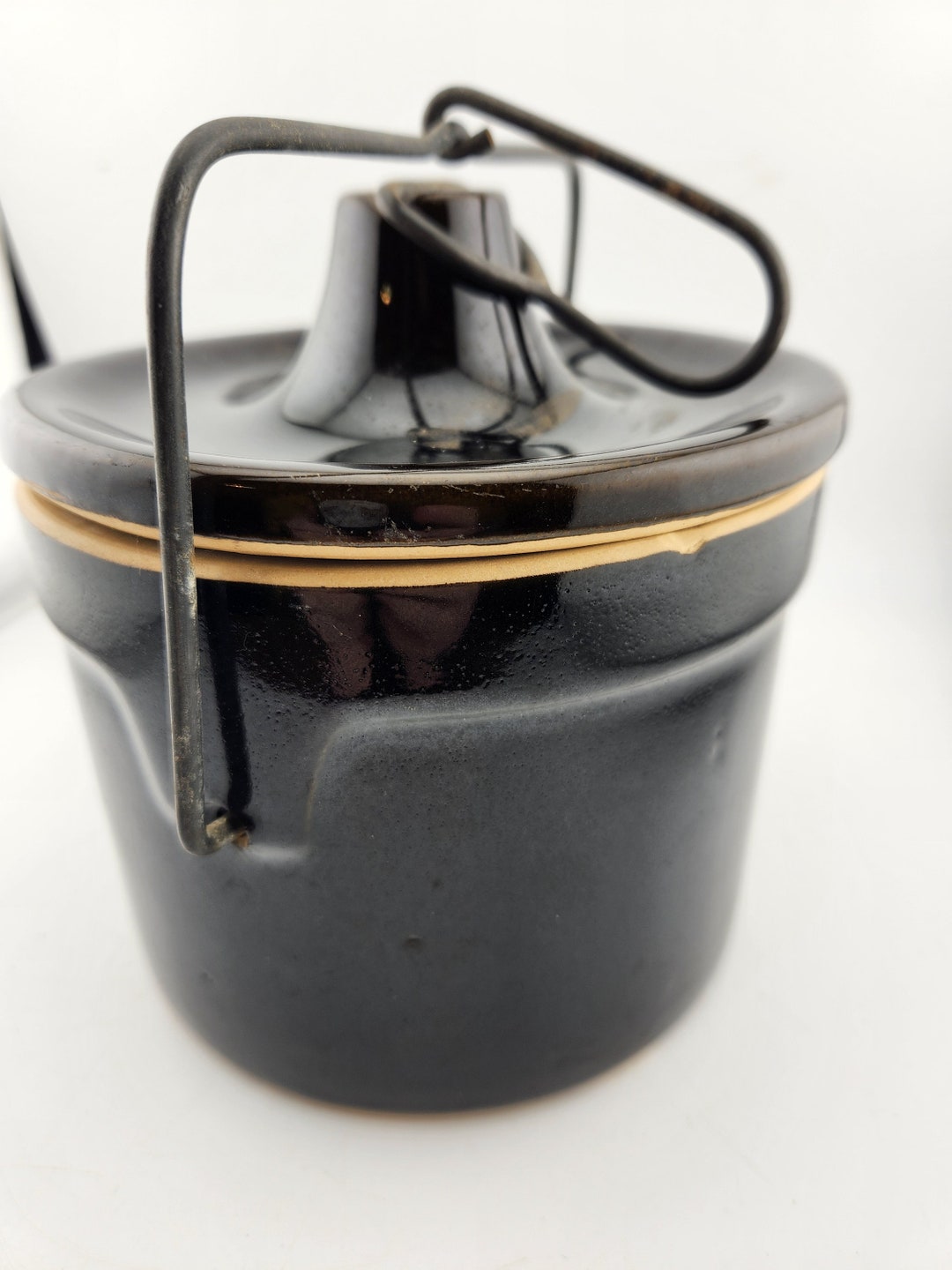 Vintage Dark Brown Crock With Metal Lock on Lid / Unusual Size - 40 Oz ...