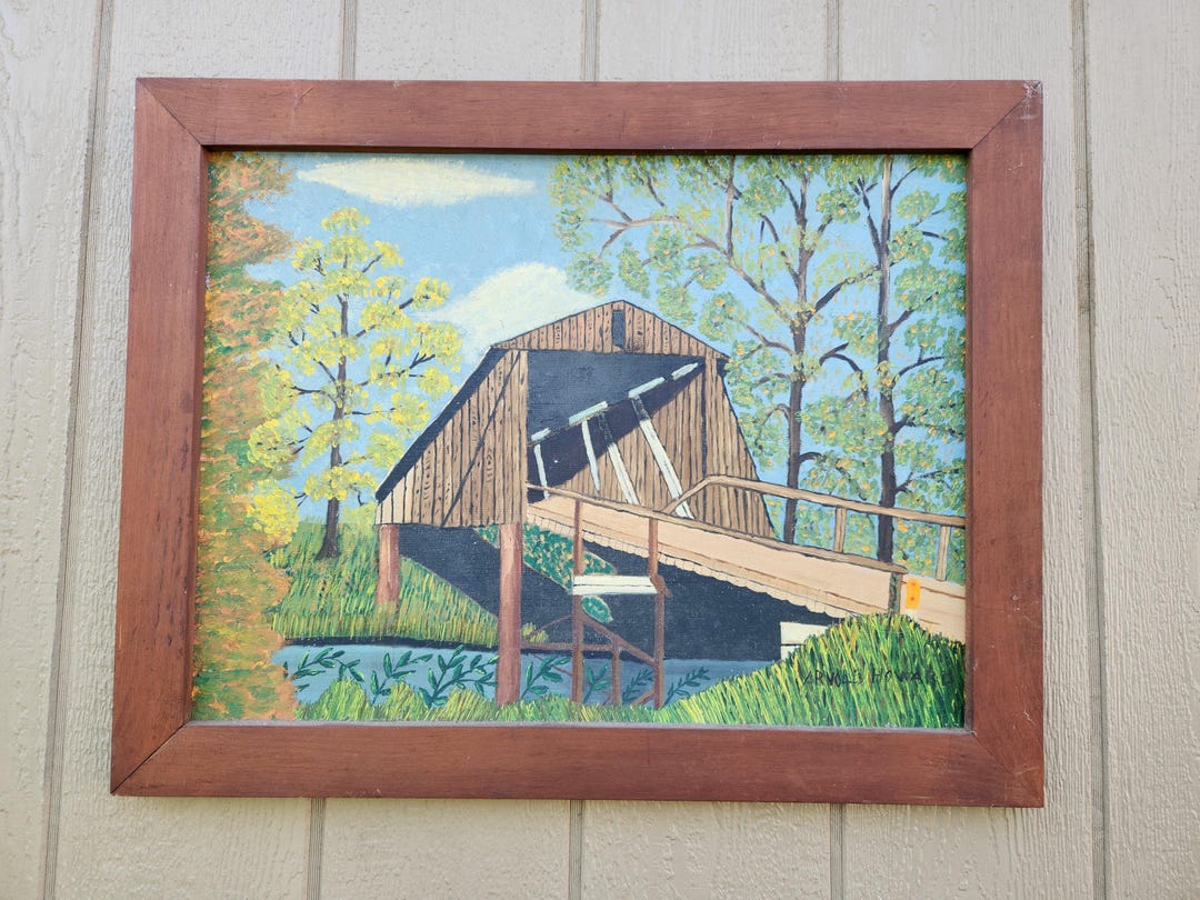 Vintage Rustic Oil Painting of a Covered Bridge - Signed Arnold Howard ...