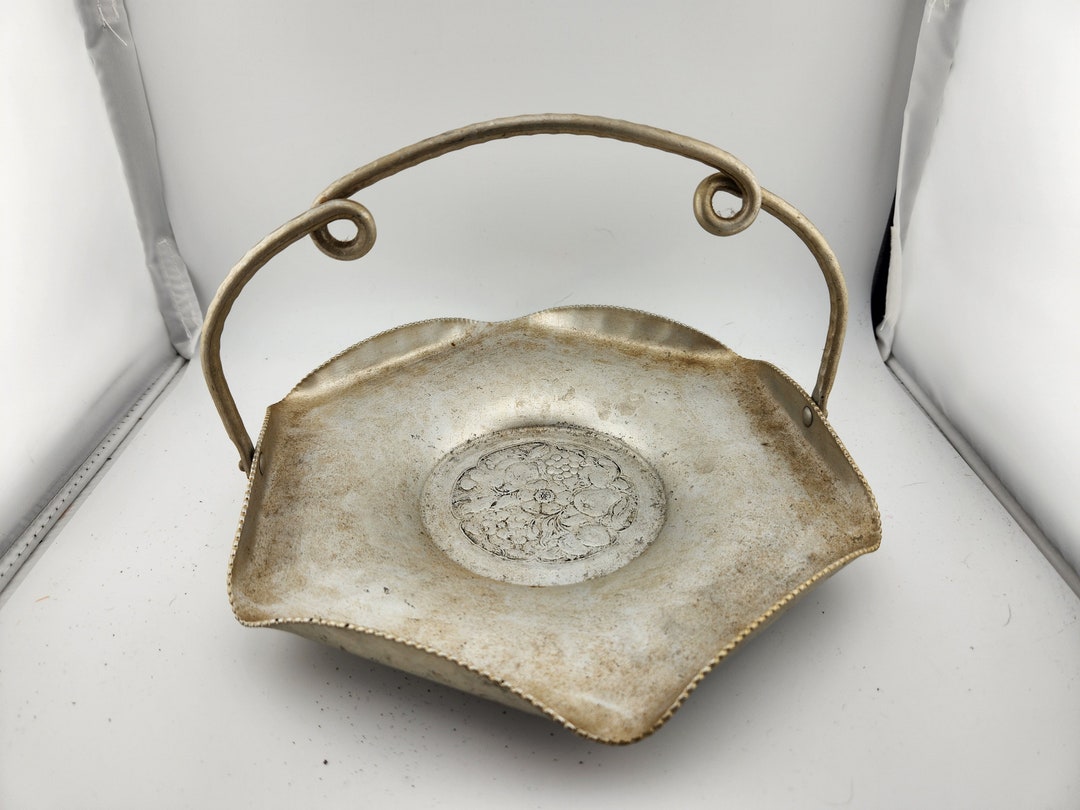 Vintage Mid Century Hand Wrought Aluminum Basket With Moveable Twisted ...