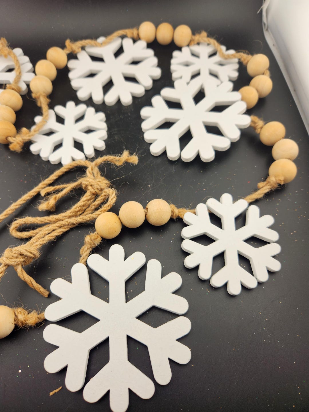 Vintage Christmas Tree Garland of Rope and Wooden Snowflakes / 5' Long ...