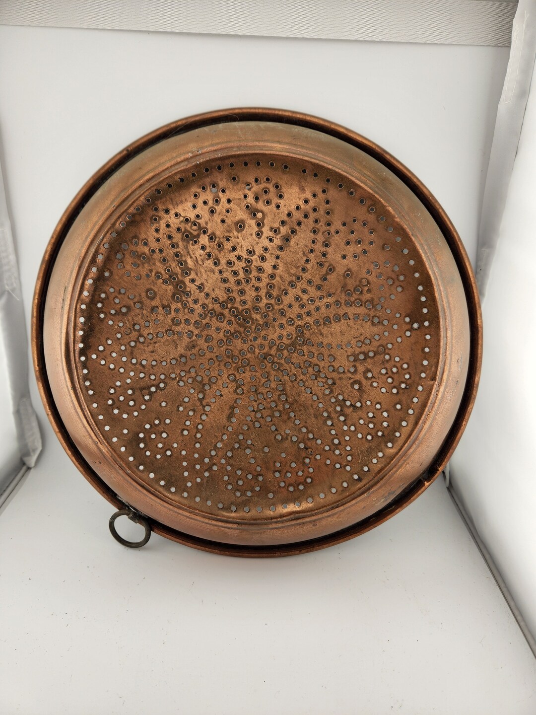 Antique Tin Lined Copper Drainer / Colander / Sieve With Brass Hanging ...