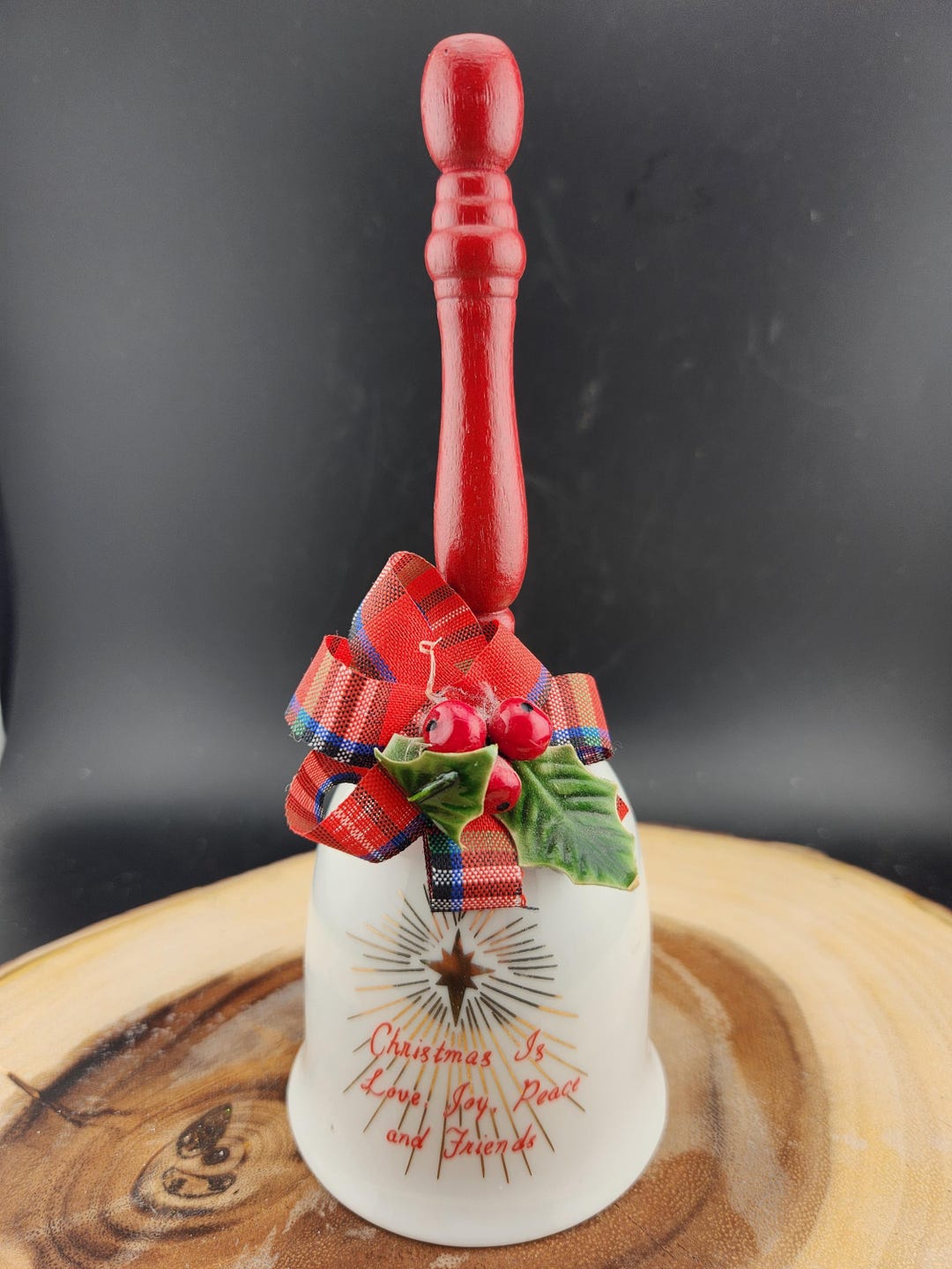 Vintage 7" Ceramic Christmas Bell With a Wooden Handle - Christmas is ...