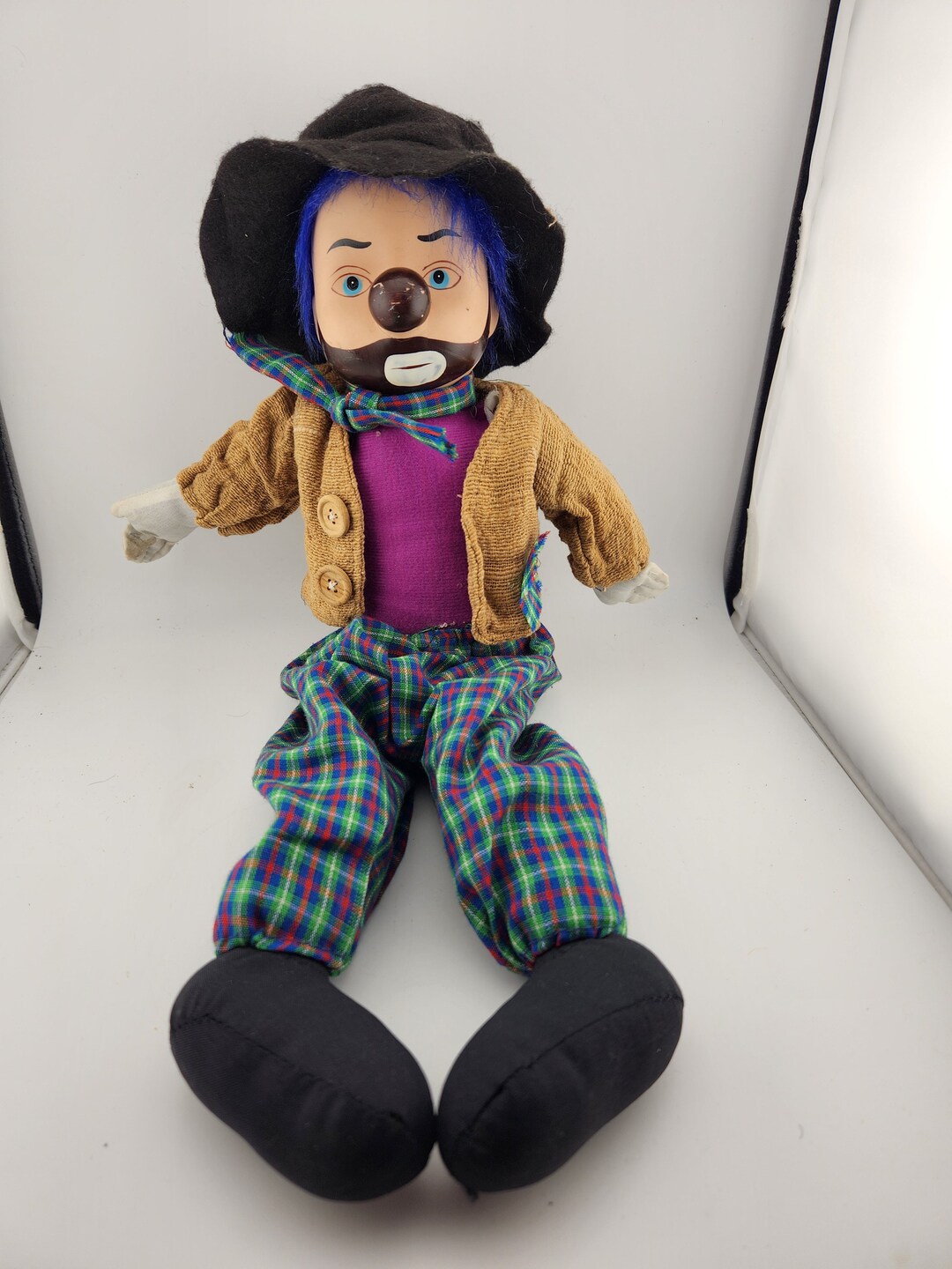Vintage 19" Hobo Clown With Torn Burlap Jacket and Felt Hat / Porcelain ...