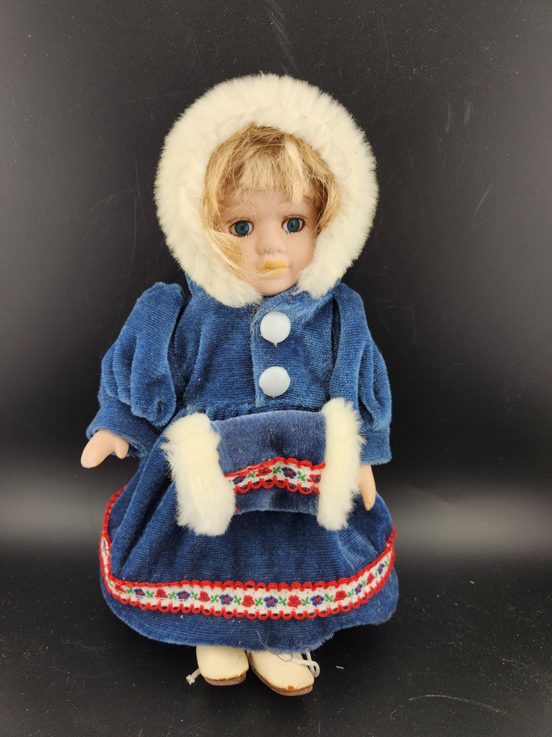 Vintage 8.5" Plastic (looks Porcelain) Doll With Blue Coat and Muff ...