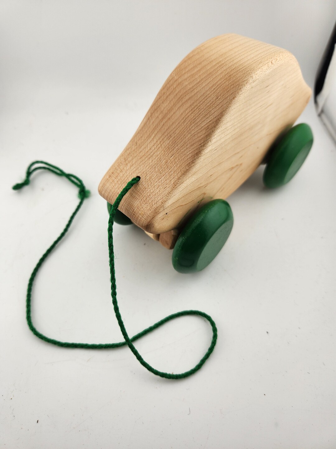 Vintage Wooden Rolling Car With Pull String / Green Wheels / 7.5" Long ...