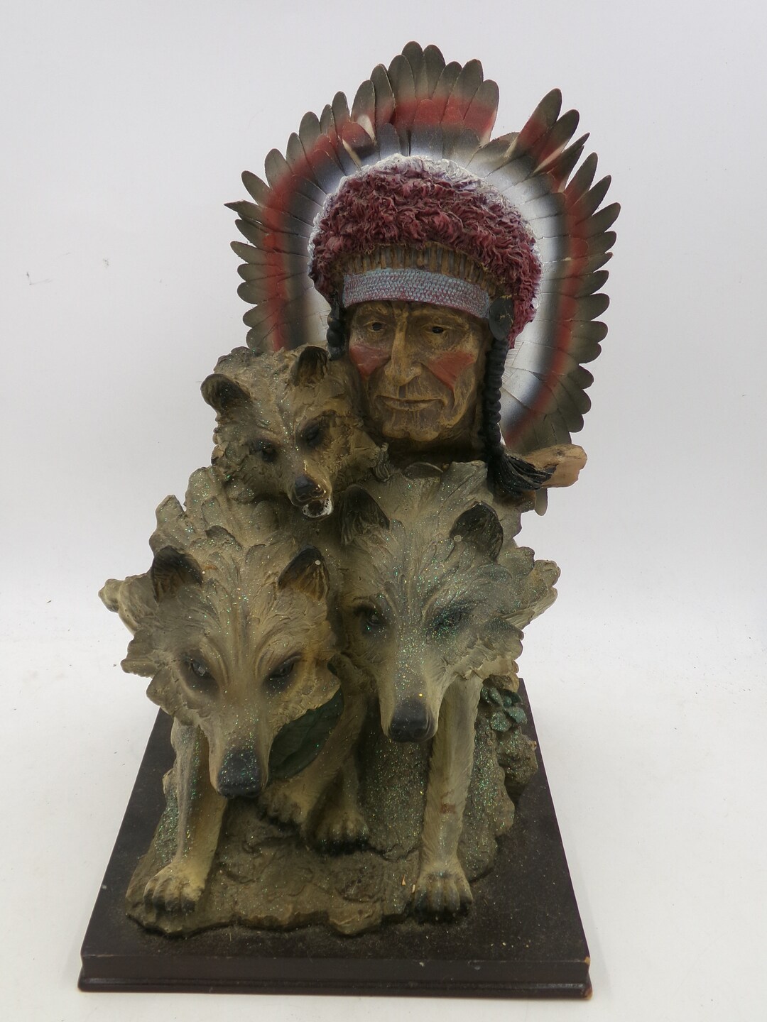 Vintage Resin Native American Chief With 3 Wolves Base is Base is 7" X ...