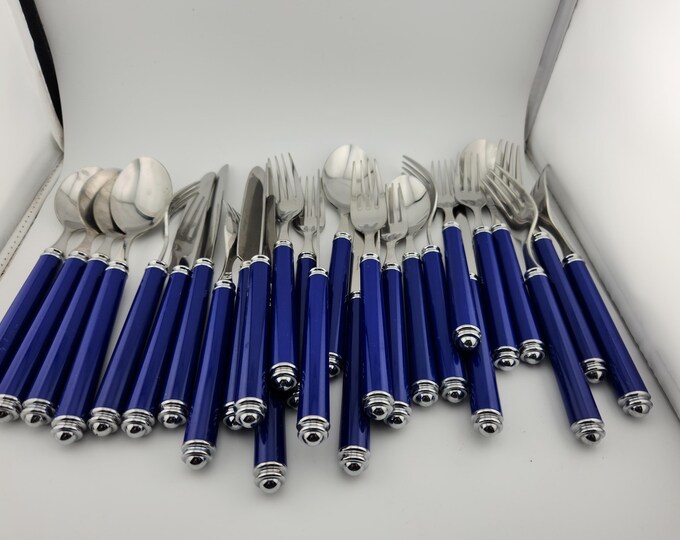 Vintage Set of 27 Flatware Stamped Stainless China - Pretty Blue Enamel ...