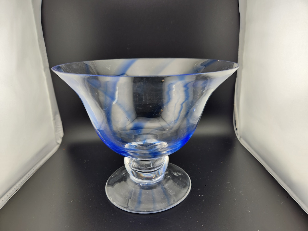 Vintage Collector Blown Glass Pedestal Bowl - Clear With Royal Blue ...
