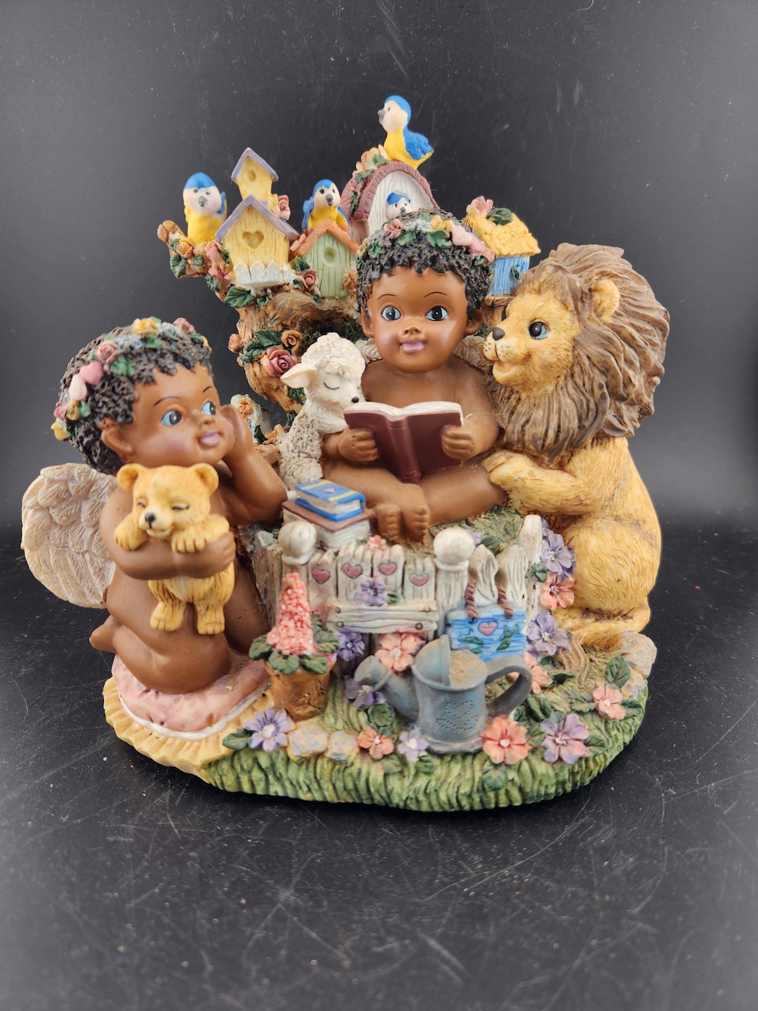 Vintage Heavy Resin Music Box Showing 2 Child Angels, Lion, Birds and ...
