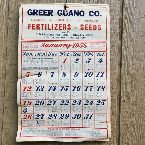 1958 Calendar - Etsy