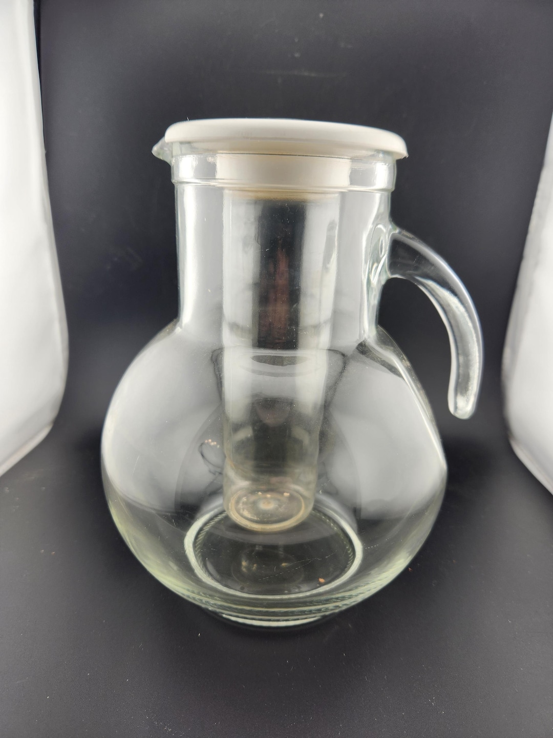 Vintage Clear Glass Pitcher With Plastic Ice Insert and Lid / Handle ...