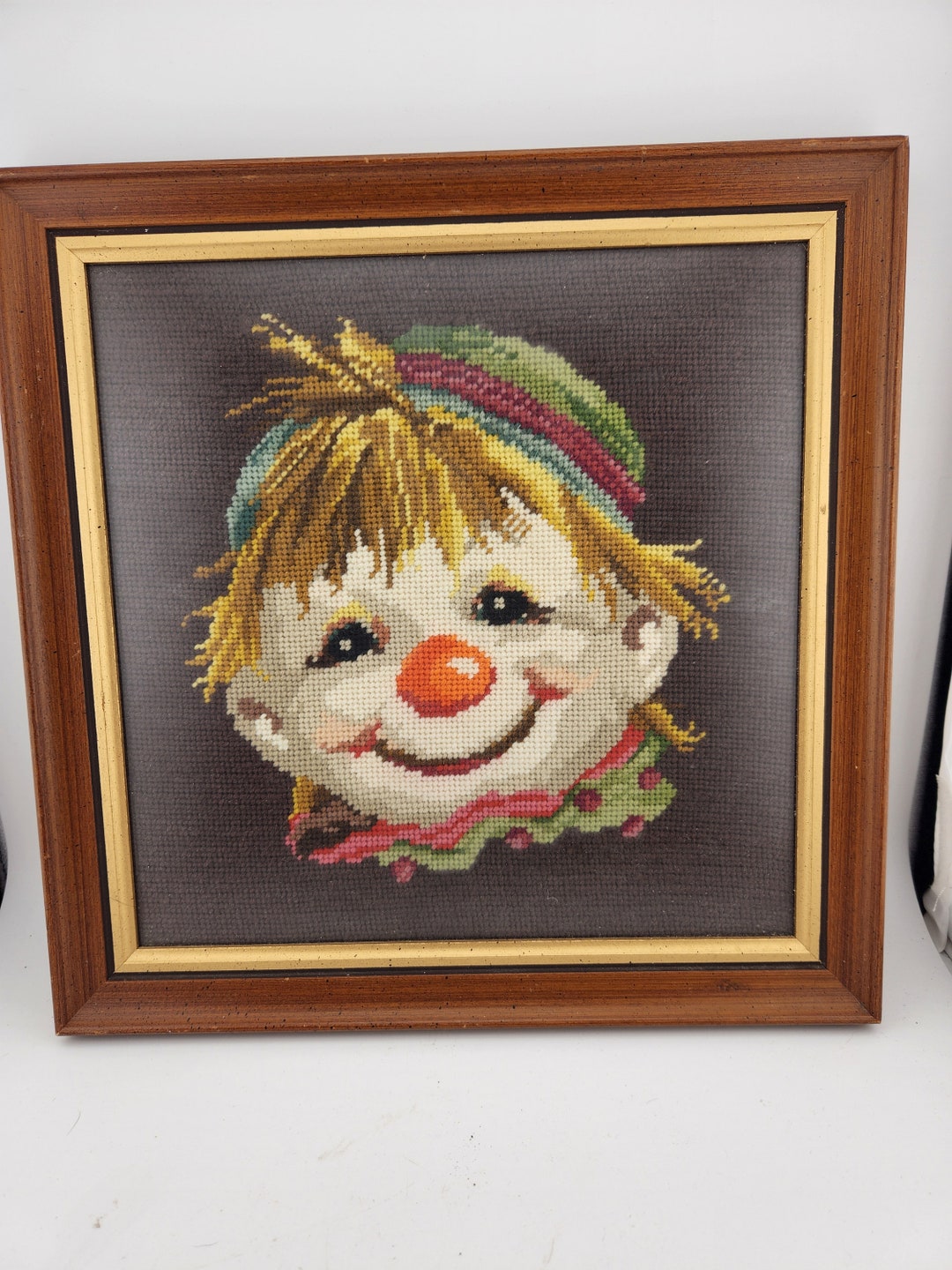 Vintage Needlepoint Art of a Cute Clown Beautifully Preserved Behind ...