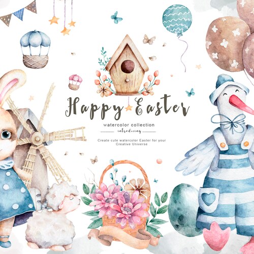 Cute Easter Watercolor Clipart Bunny Flowers Eggs Clip Art | Etsy