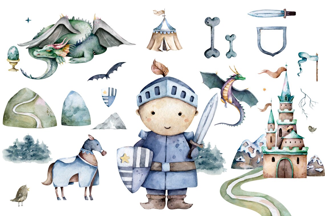 Cute boy knight with Dragons clipart. Watercolor set for baby | Etsy