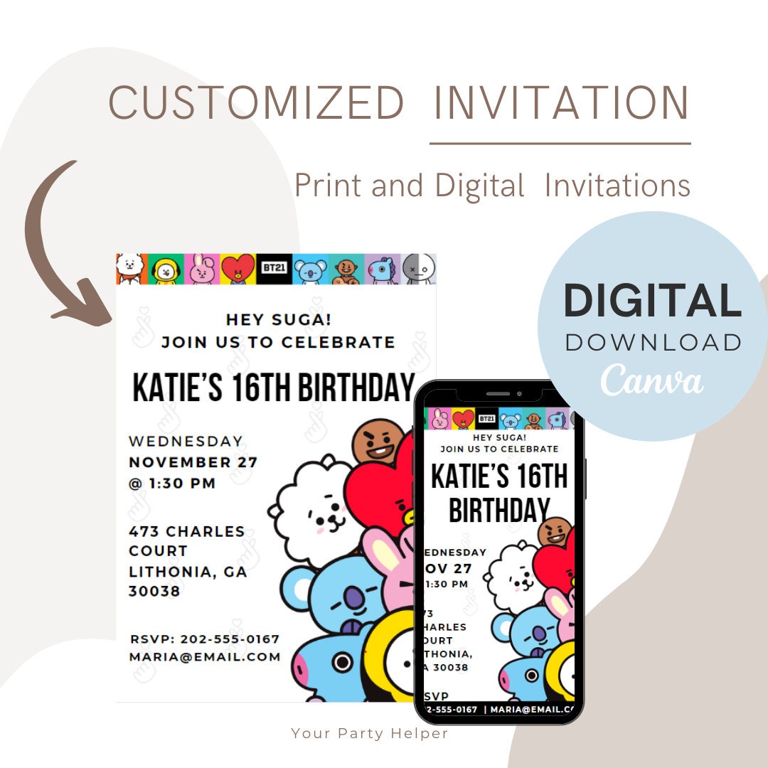 Custom BTS 21 Birthday Invitation - Editable BTS Birthday Celebration ...