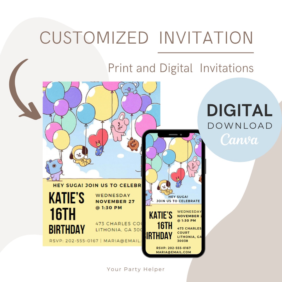 Custom BTS 21 Birthday Invitation - Editable BTS Birthday Celebration ...