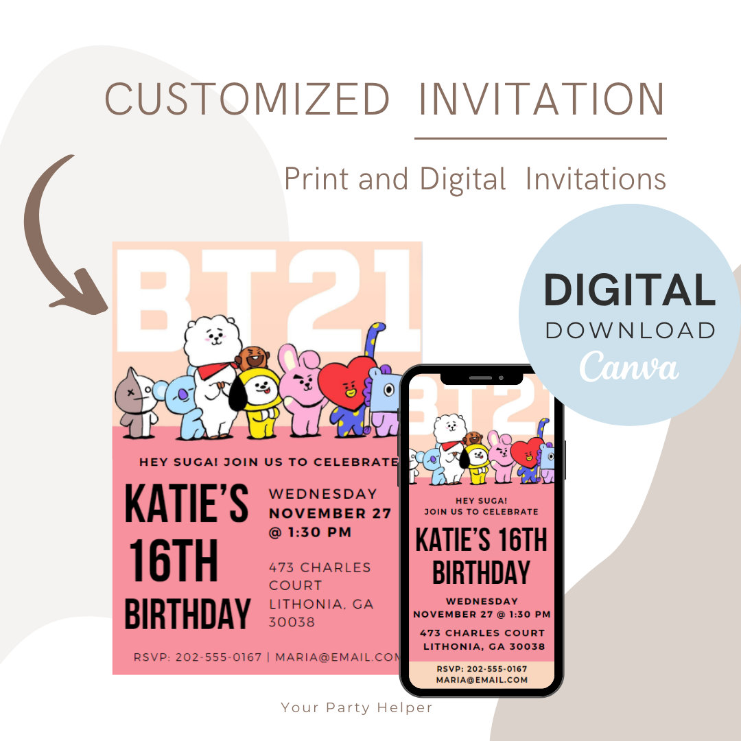 Custom BTS 21 Pinkbirthday Invitation - Editable BTS Birthday ...