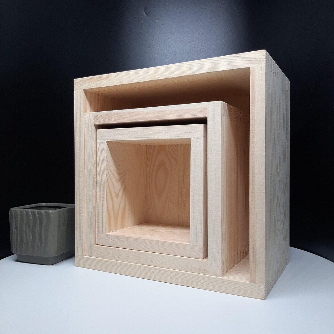 Set of 3 Unpainted Floating Cube Shelves for Living Room, Book Shelves ...