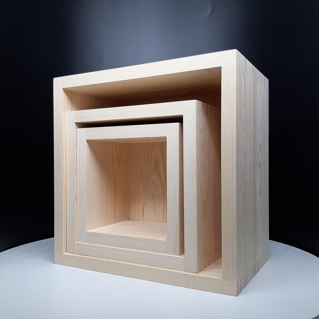 Set of 3 Unpainted Floating Cube Shelves for Living Room, Book Shelves ...