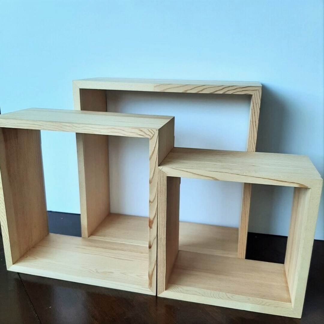 Set of 3 Unpainted Floating Cube Shelves for Living Room, Pine Book ...