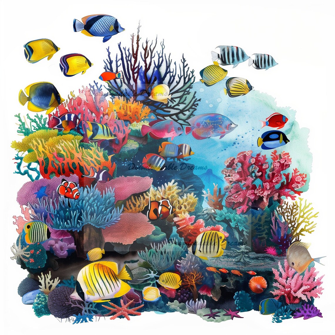 Watercolor Coral Reef Clipart: Colorful Fish Scene (digital Download ...
