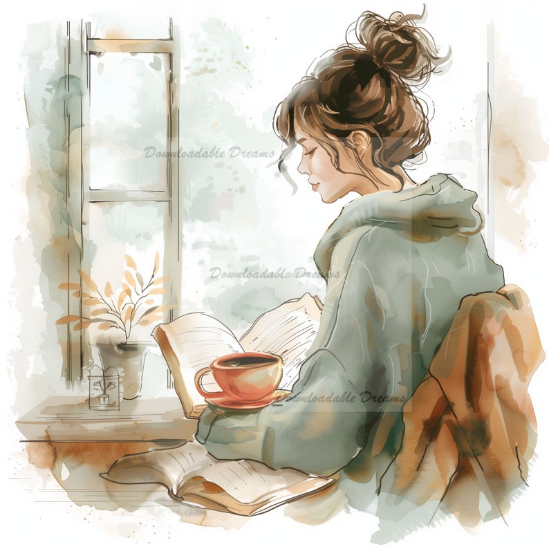 Watercolor Clipart Bundle: Woman Reading in Coffee Shop (JPG Digital ...
