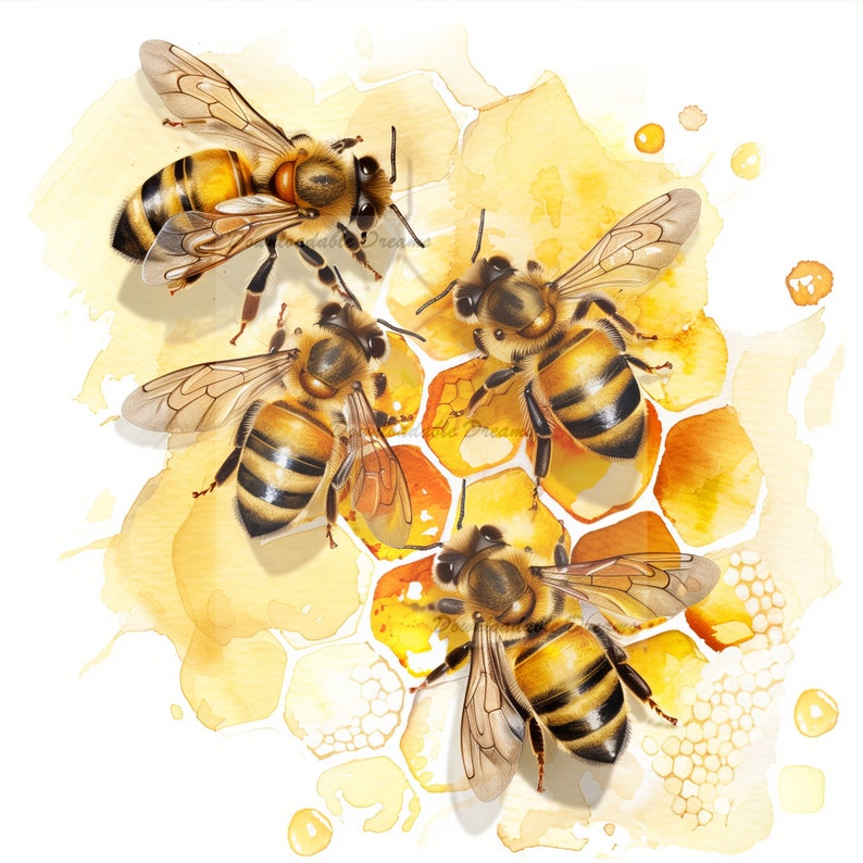 Watercolor Bees on Honeycomb Clipart Bundle: Commercial Use (digital ...