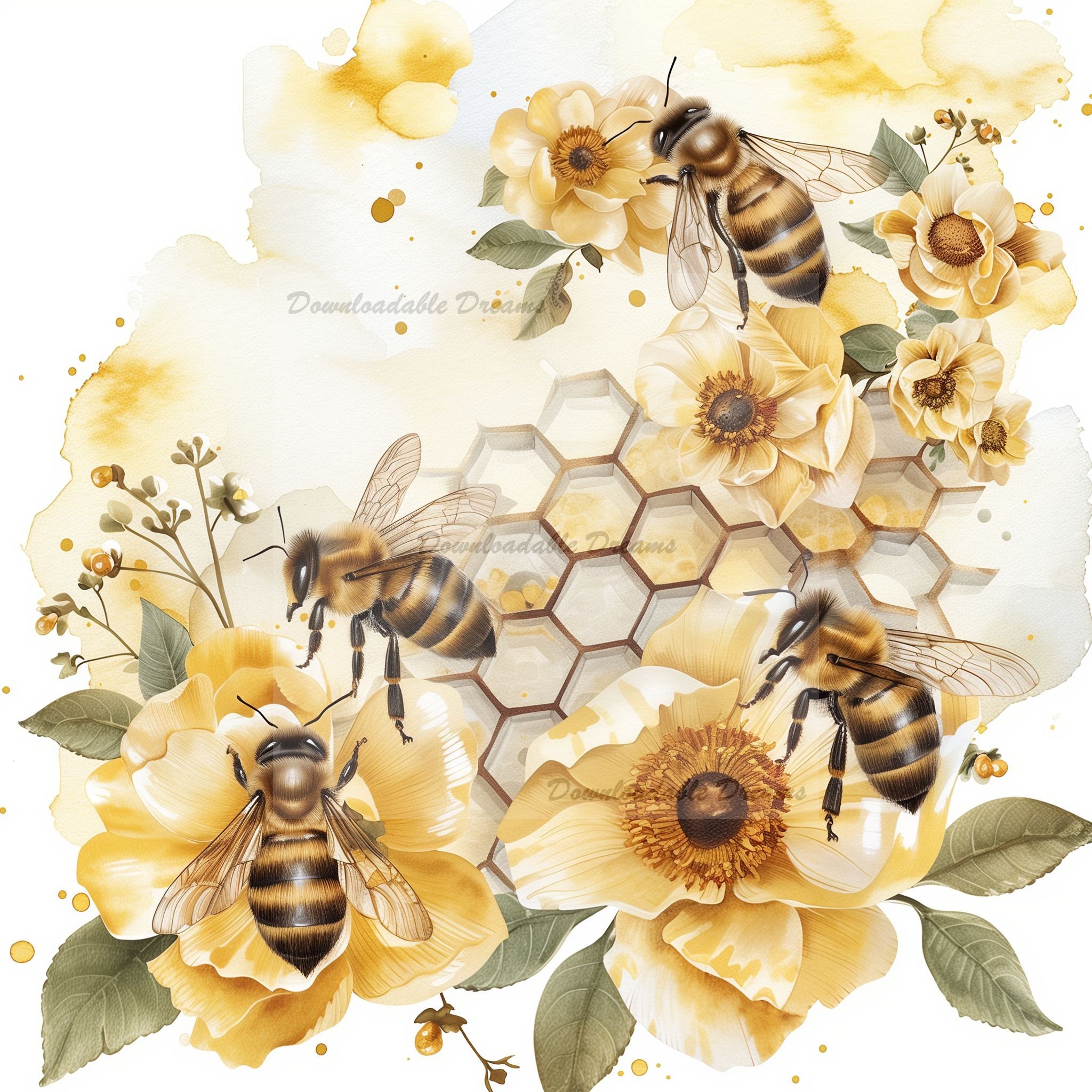 Watercolor Bees on Honeycomb Clipart Bundle: Commercial Use (digital ...