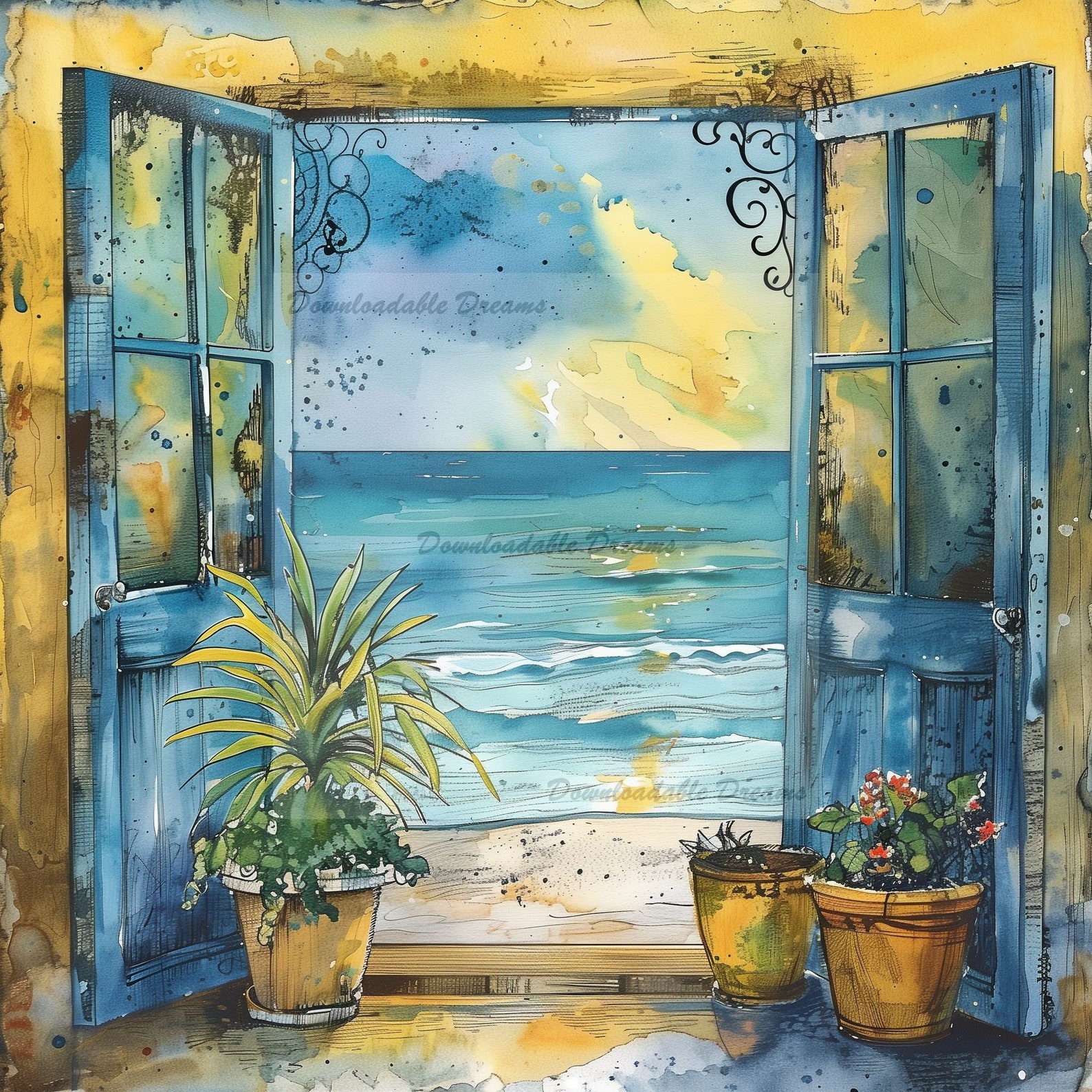 Beach House Window Watercolor Clipart: Serene Seaside Art (digital ...