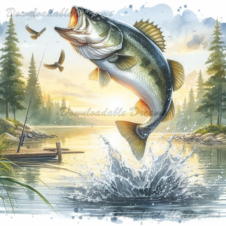 20 Bass Jumping Out of Water Watercolor Clipart Bundle Bass Fishing ...