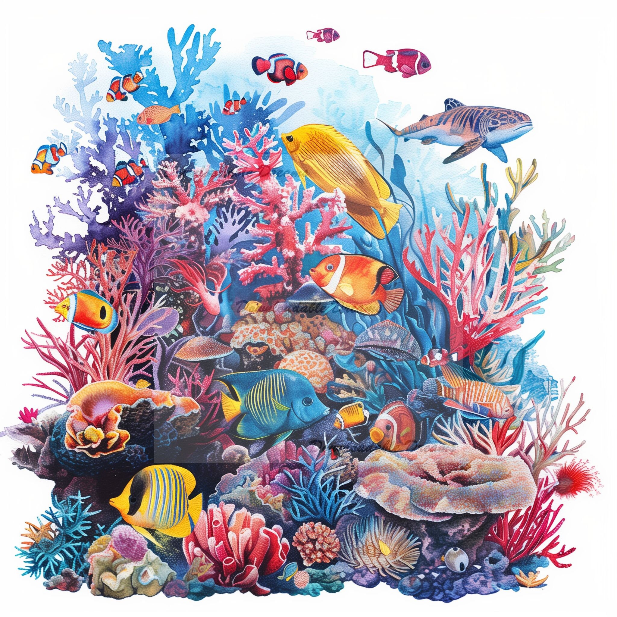 12 Colorful Coral Reef Habitat Scene Watercolor Clipart Bundle High ...