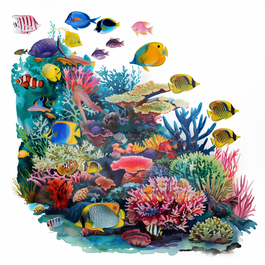 12 Colorful Coral Reef Habitat Scene Watercolor Clipart Bundle High ...