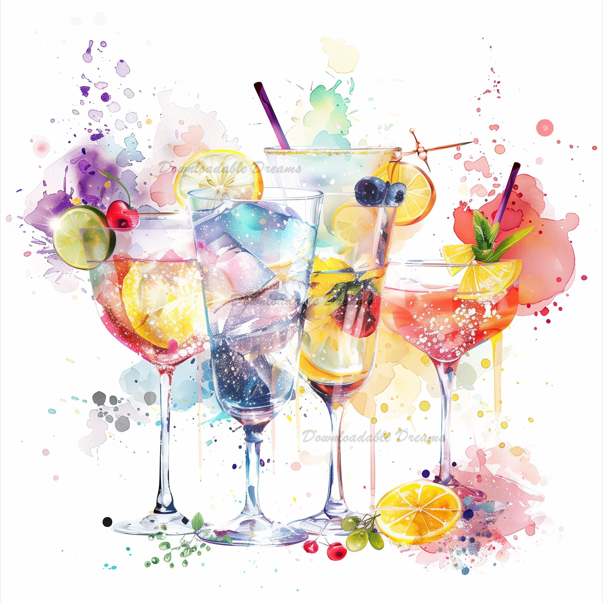 12 Vibrant Cocktails Drinks Splash Watercolor Clipart Bundle High ...