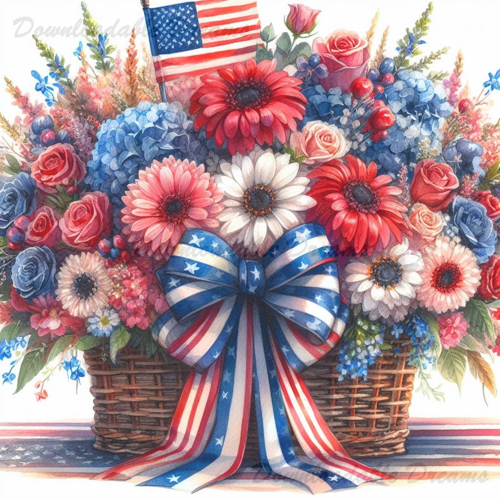 22 Fourth of July Flowers Watercolor Clipart Bundle Red White Blue ...