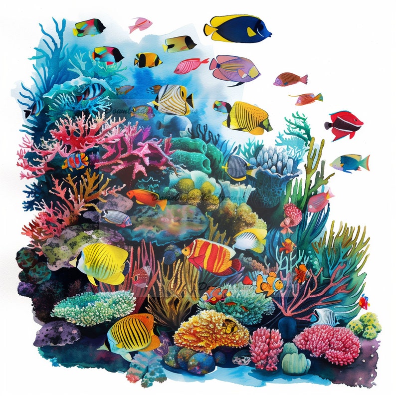 12 Colorful Coral Reef Habitat Scene Watercolor Clipart Bundle High ...