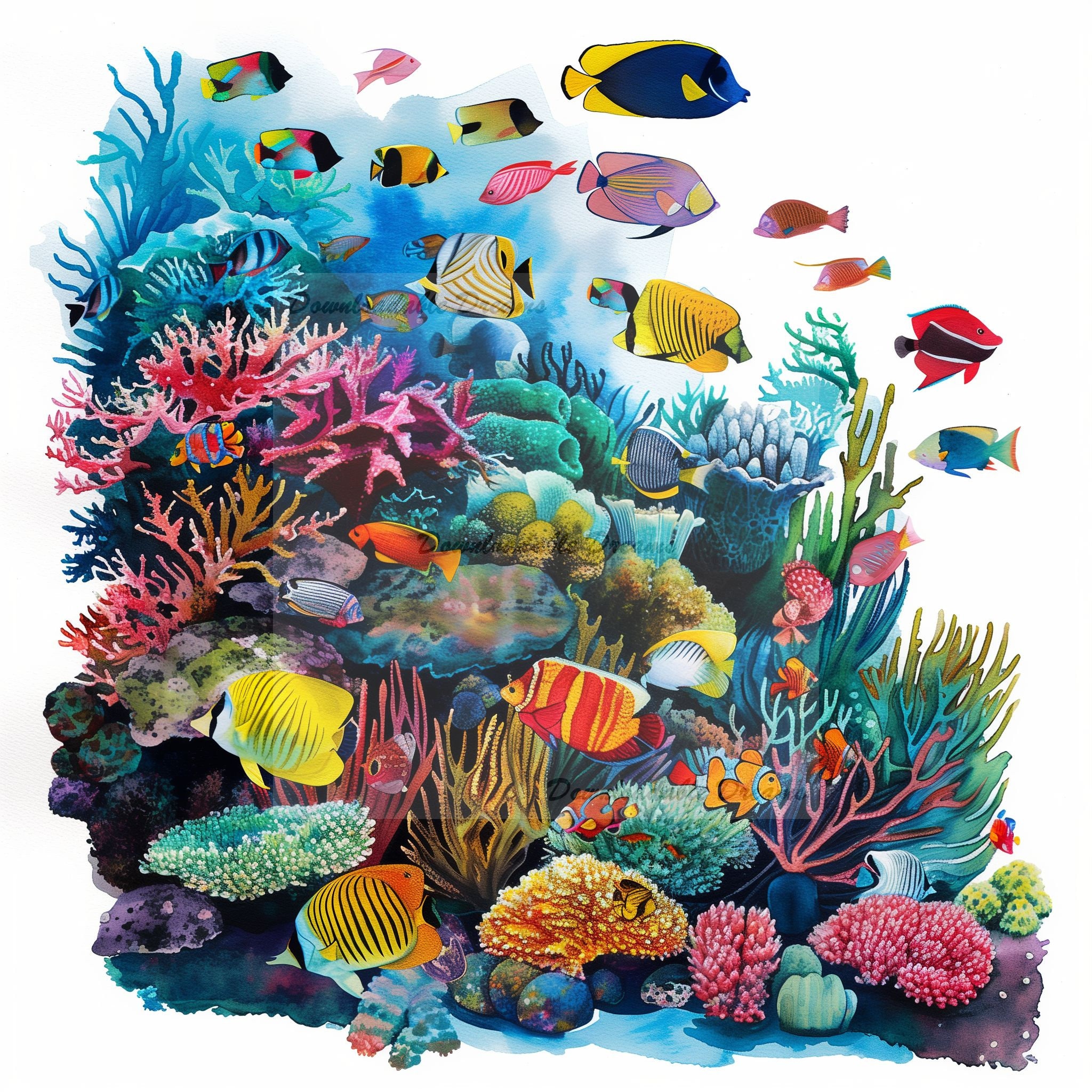 12 Colorful Coral Reef Habitat Scene Watercolor Clipart Bundle High ...