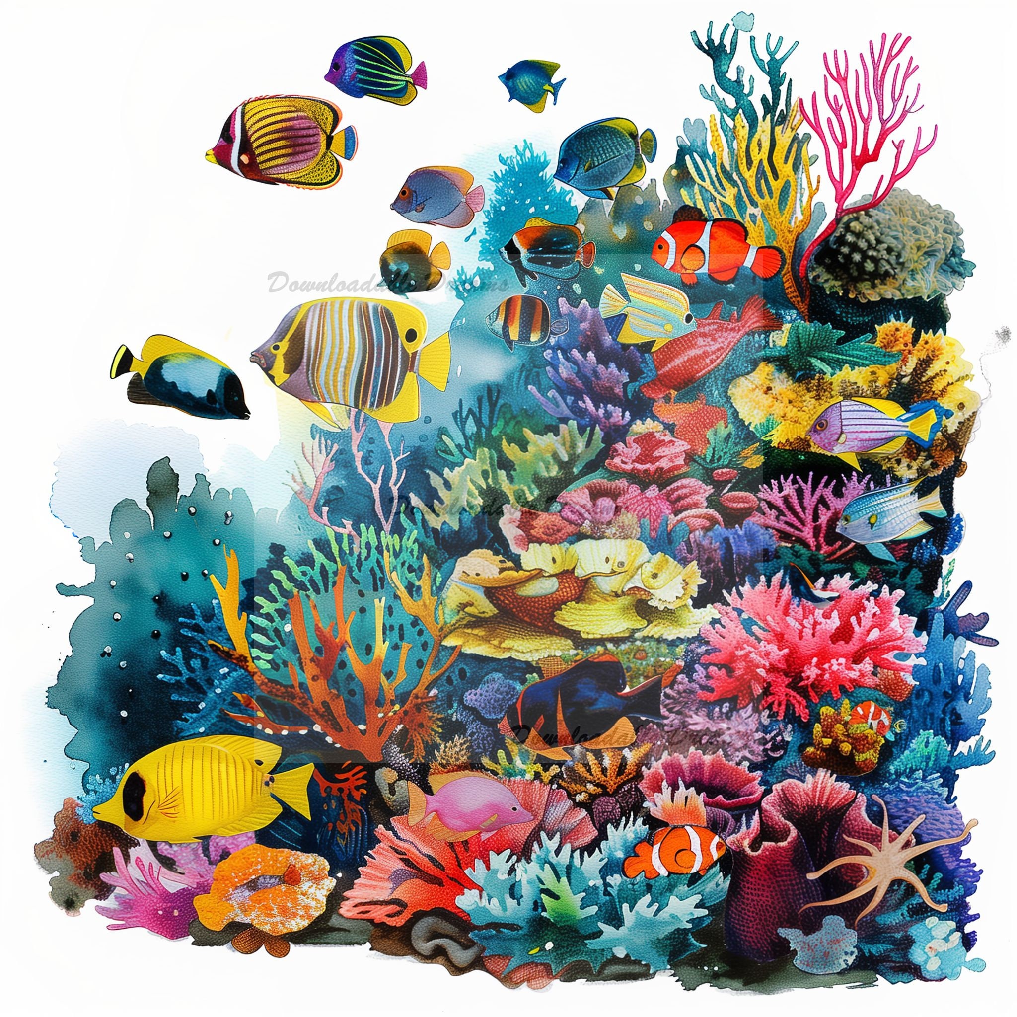 12 Colorful Coral Reef Habitat Scene Watercolor Clipart Bundle High ...