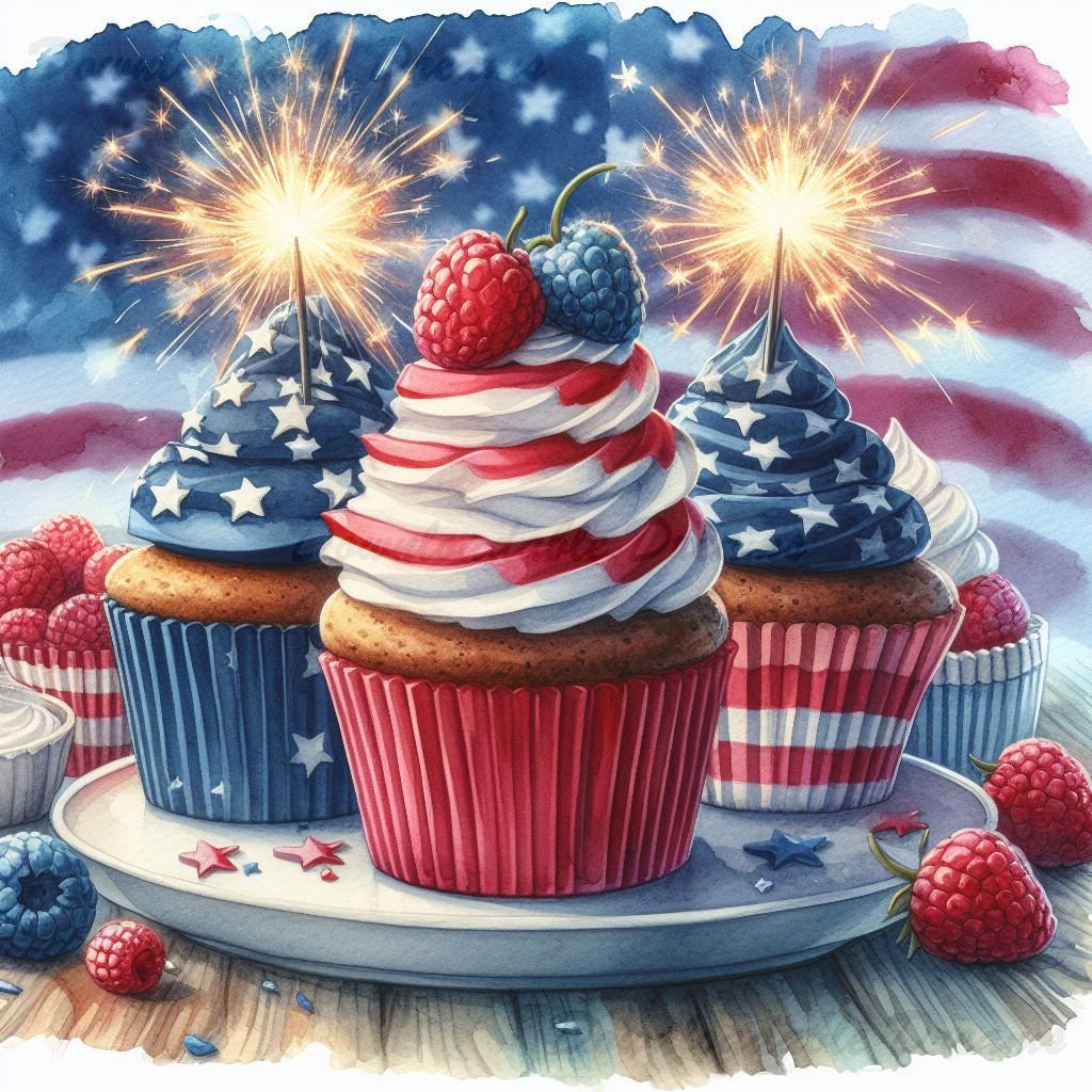 20 Fourth of July Watercolor Sweets Deserts Cookies Clipart Bundle High ...