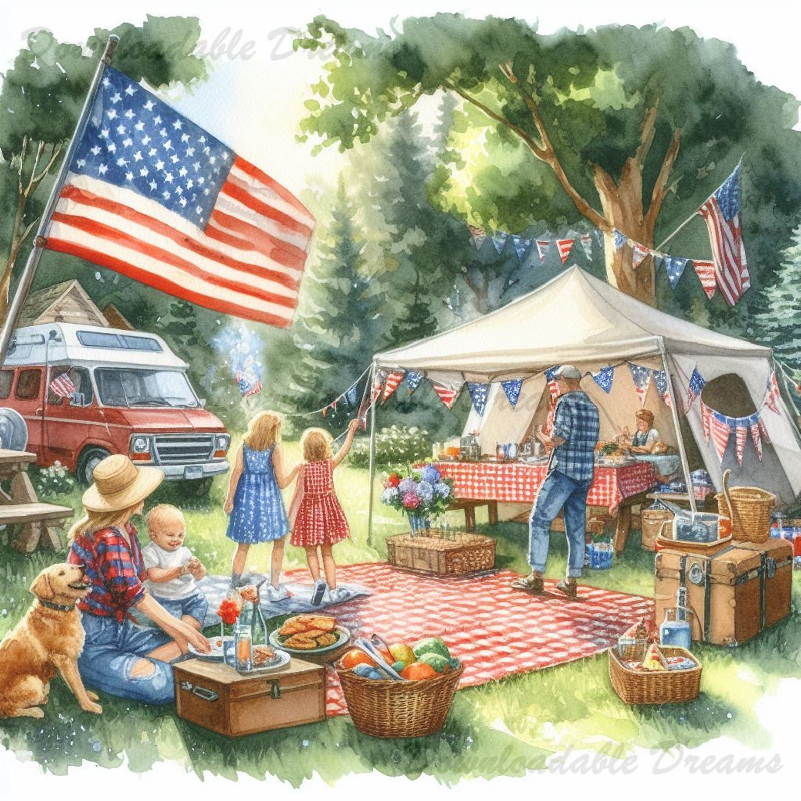 22 Fourth of July Camping Watercolor Clipart Bundle Tents Rvs Family ...