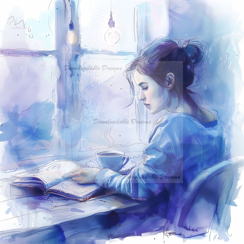 12 Beautiful Women Reading a Book in a Coffee Shop Cafe Watercolor ...