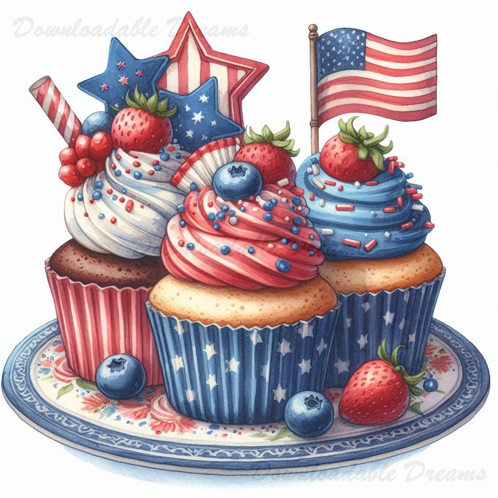 20 Fourth of July Watercolor Sweets Deserts Cookies Clipart Bundle High ...