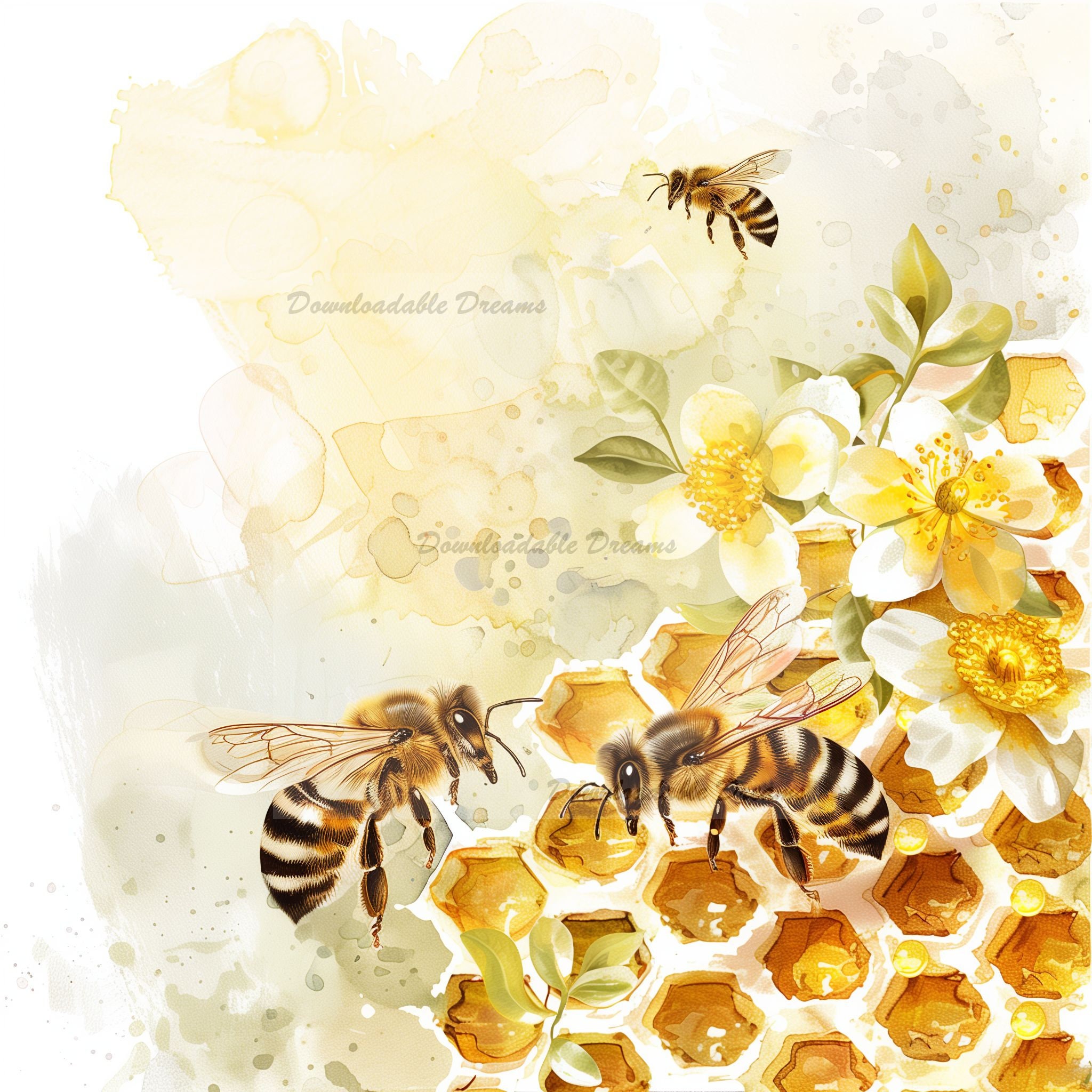 Watercolor Bees on Honeycomb Clipart Bundle: Commercial Use (digital ...