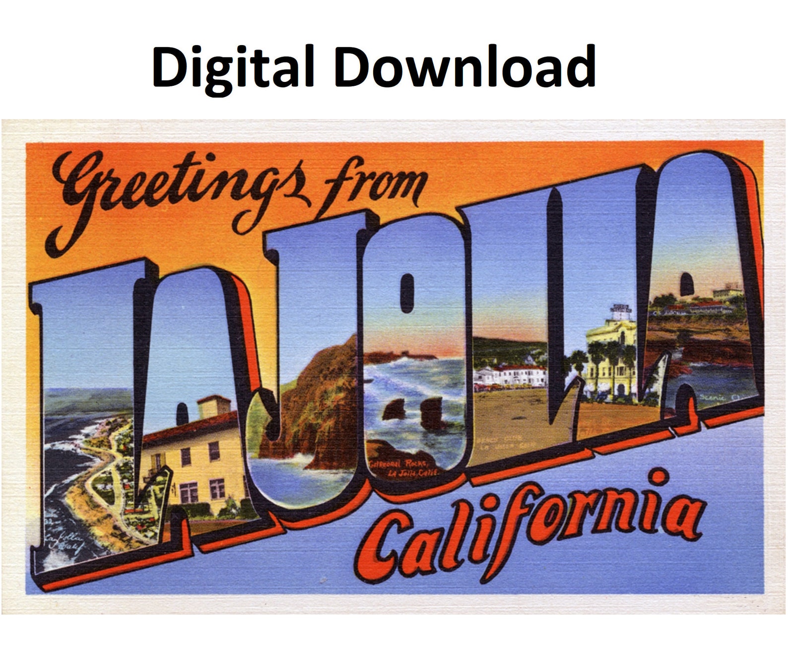 Greetings From La Jolla California Vintage Postcard - Digital Printable ...
