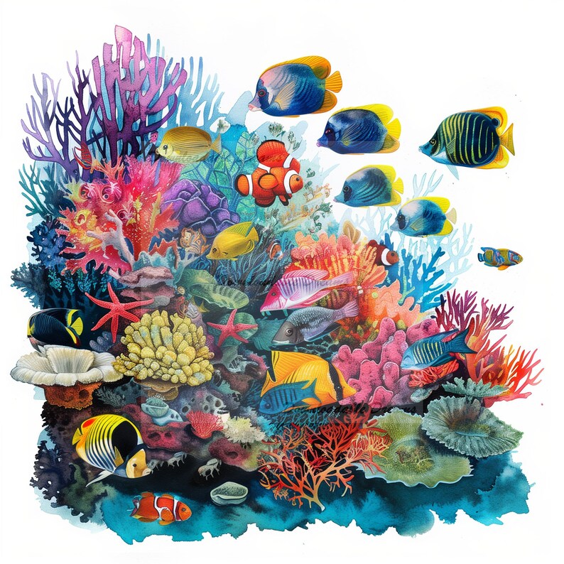 12 Colorful Coral Reef Habitat Scene Watercolor Clipart Bundle High ...