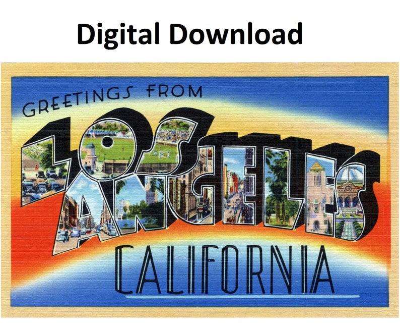 Vintage Los Angeles Postcard Art: California Travel Poster (digital ...