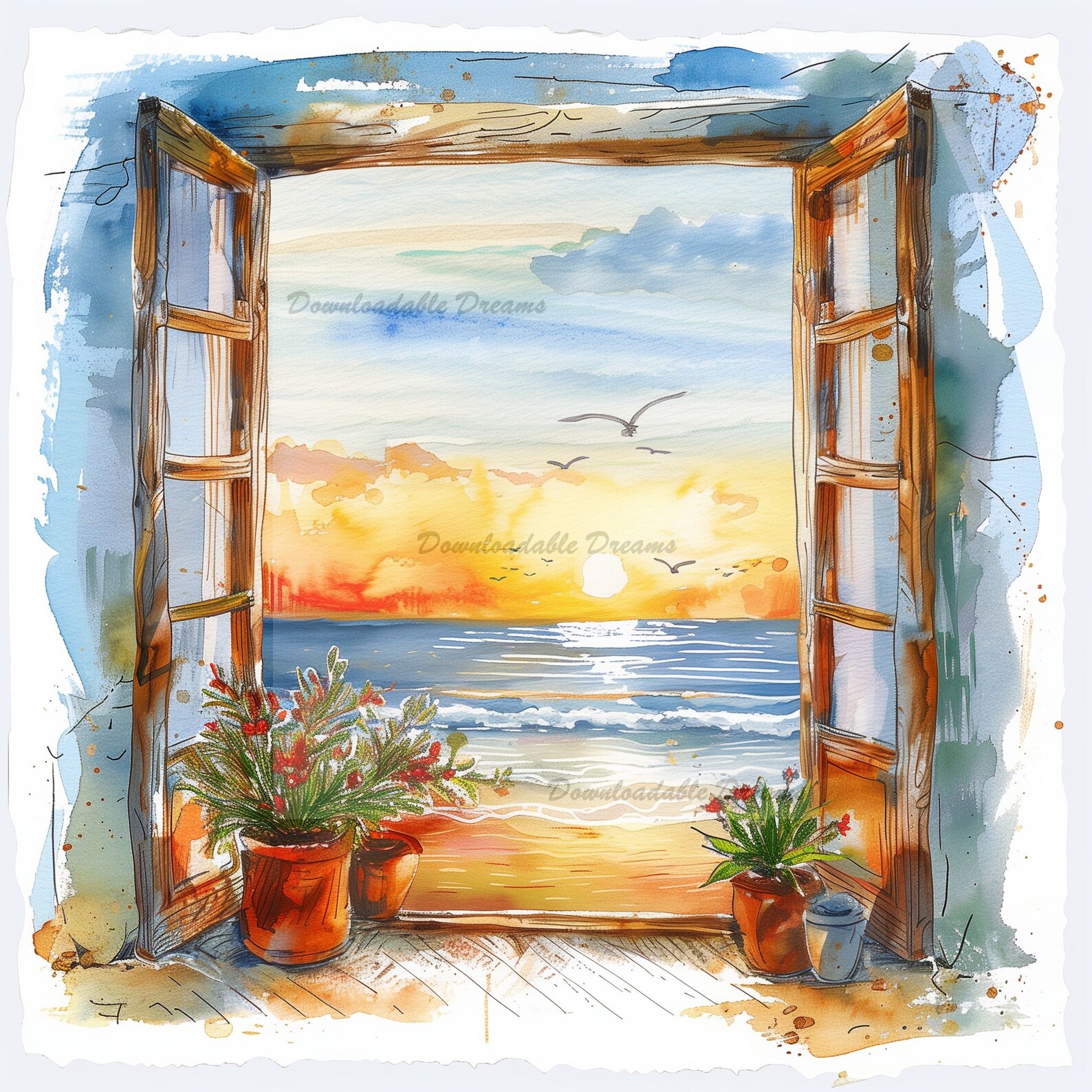 Beach House Window Watercolor Clipart: Serene Seaside Art (digital ...