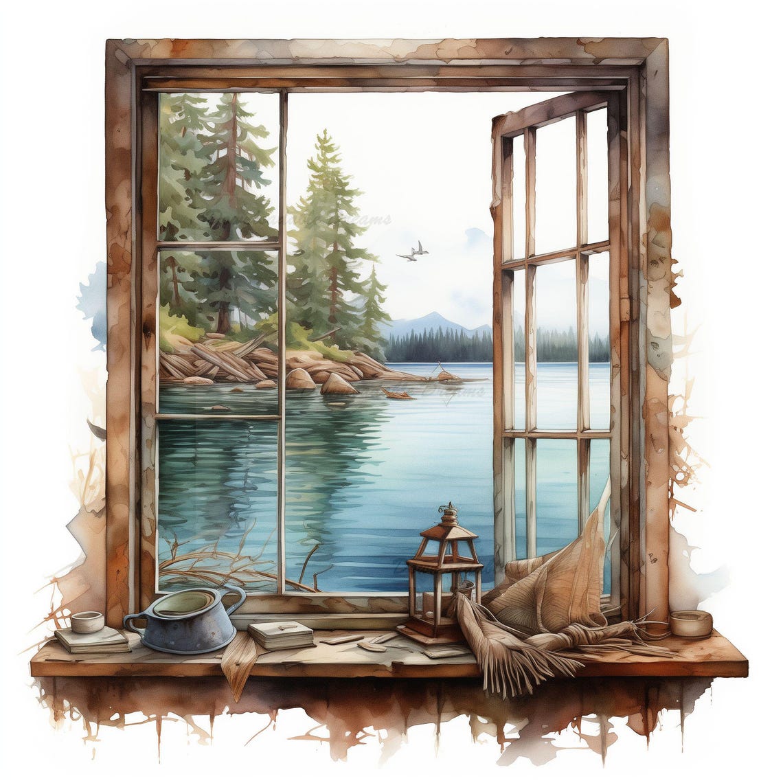 Rustic Lake Cabin Window Clipart: Serene Watercolor Scenes (digital ...