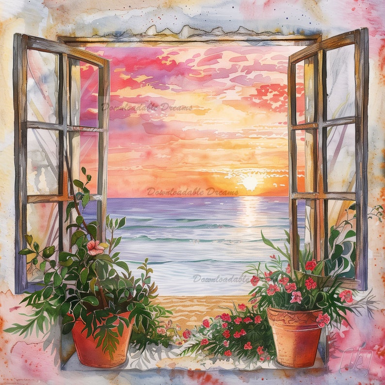 Beach House Window Watercolor Clipart: Serene Seaside Art (digital ...