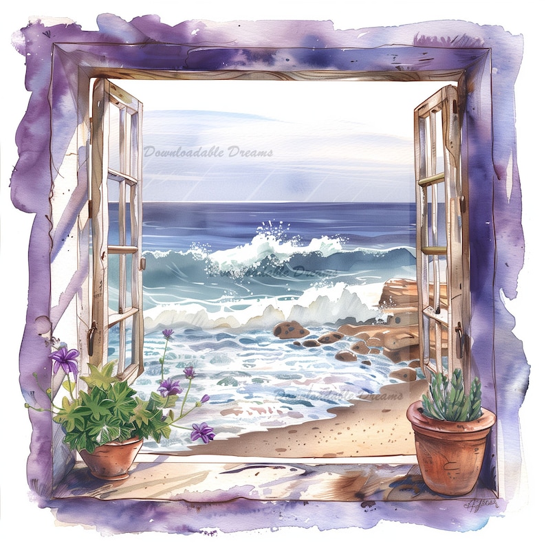 12 Serene Beach House Window Watercolor Scenes Clipart Bundle High ...