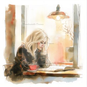 12 Beautiful Women Reading a Book in a Coffee Shop Cafe Watercolor ...
